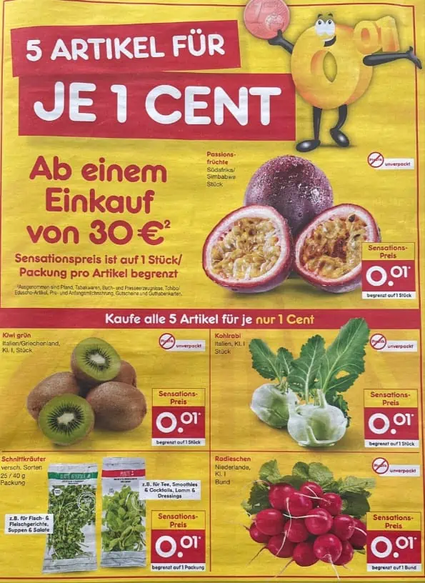 Netto MD: Für 30 € Einkaufen und 5 Artikel für je 0,01 € erhalten