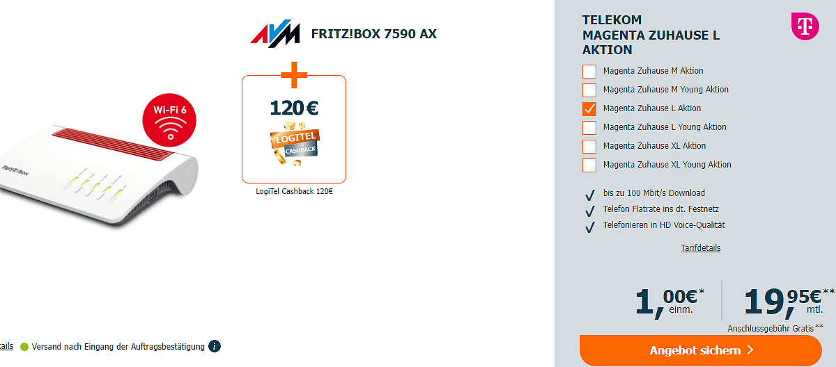Logitel: FRITZ!Box 7590 AX + Telekom Magenta Zuhause L + 120 € Cashback ...