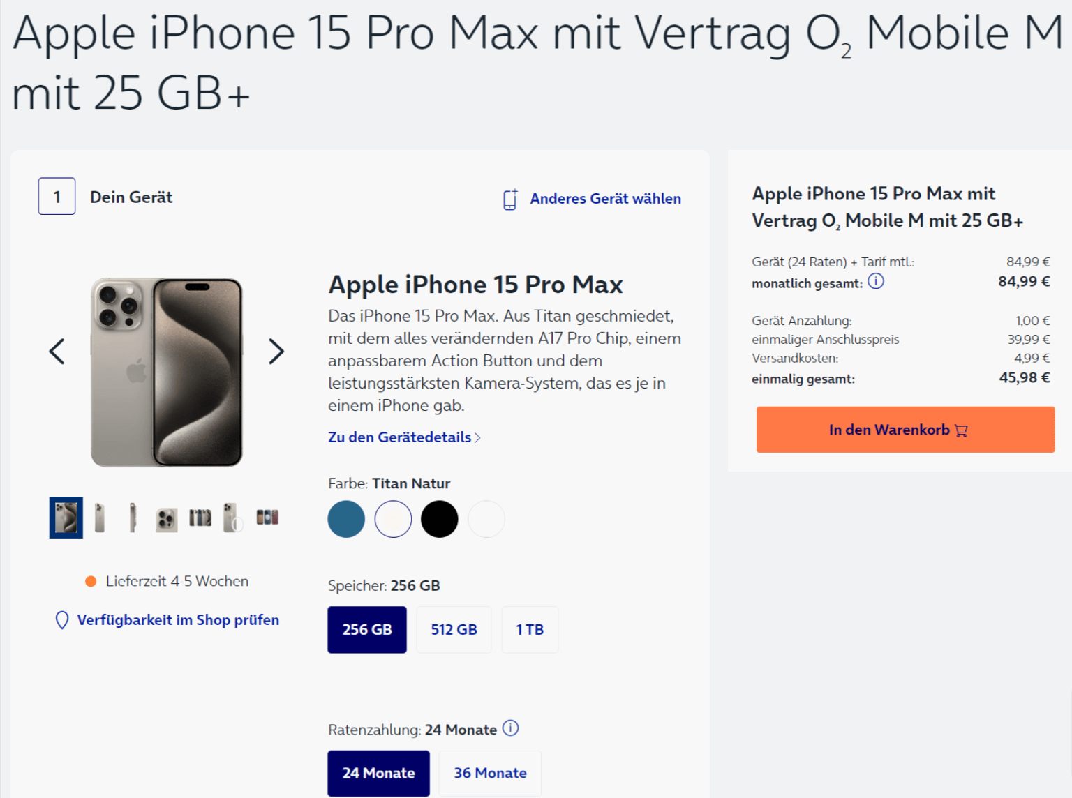 Apple iPhone 15 Pro Max + o2 Mobile M mit 25 GB+ 5G für 84,99 € / Monat ...