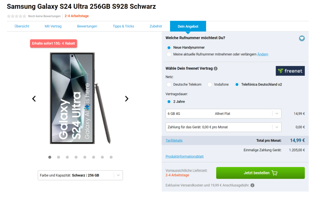 Top-Angebot: Samsung Galaxy S24 Ultra + freenet Telefónica Green LTE 6 GB