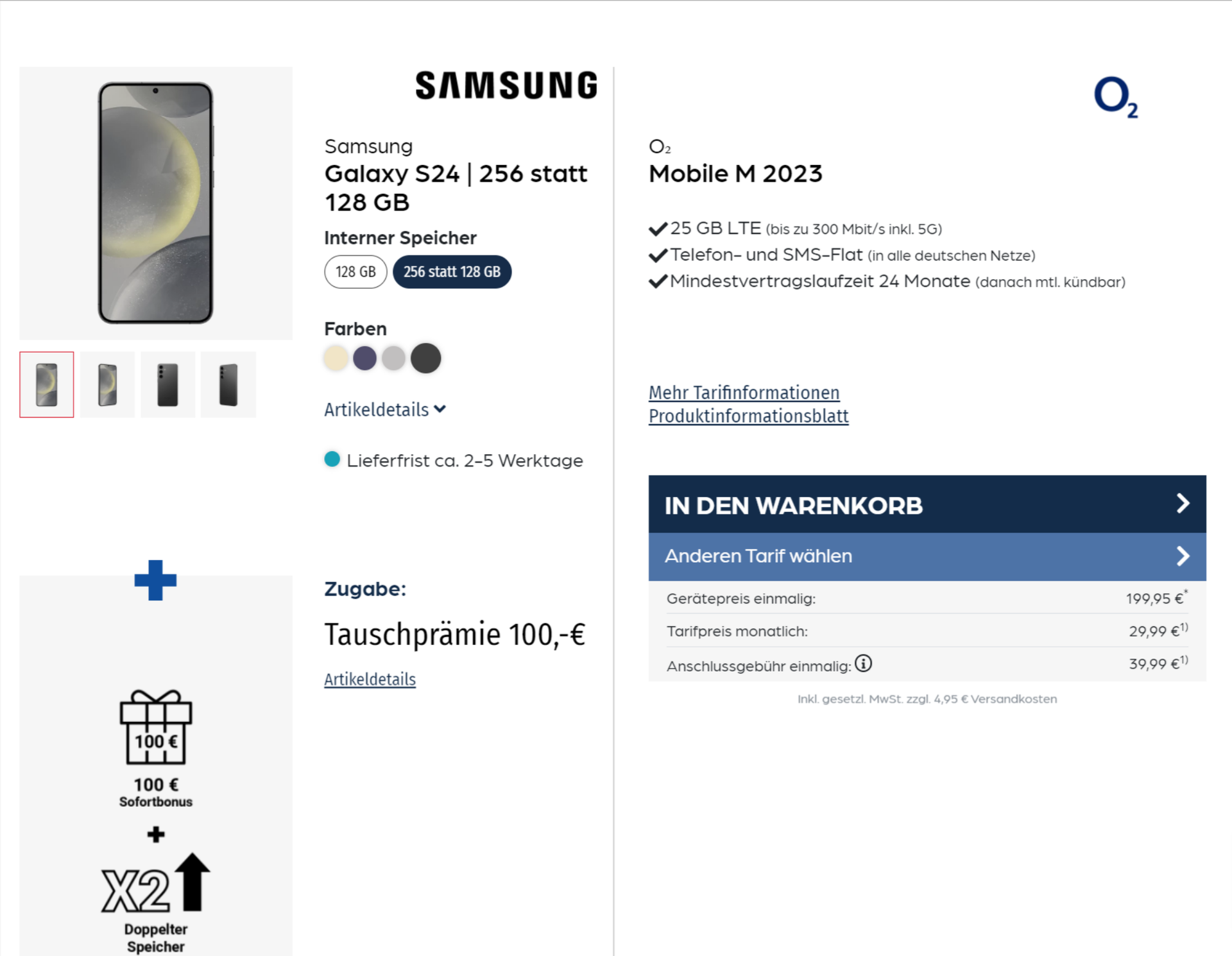Top-Angebot: Samsung Galaxy S24 + o2 M 25 GB LTE für 29,99 €/Monat