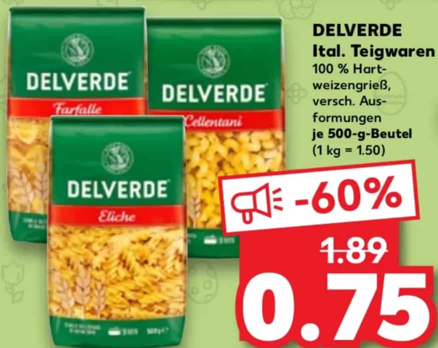 Delverde Nudeln (diverse Sorten 500g) für 0,75 € [Kaufland, bis 03.04.]