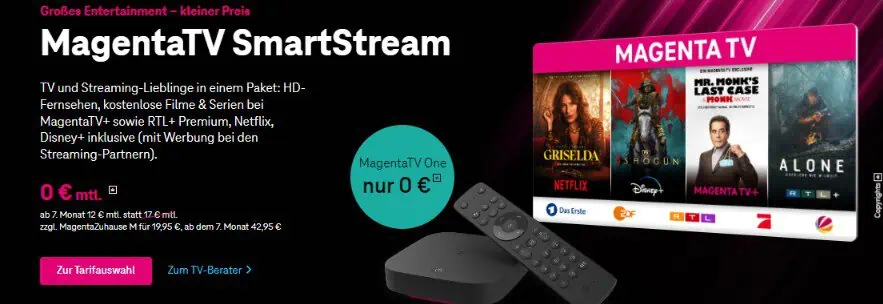 MagentaTV SmartStream 2.0 für 0 €/Monat in den ersten 6 Monaten (7. bis 24. Monat 12€ Monat ...