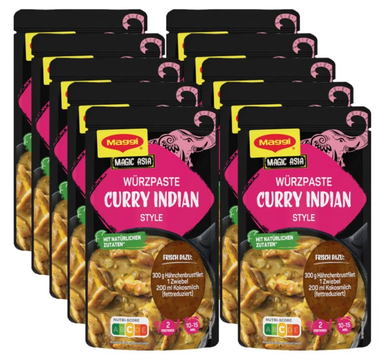 Maggi Food Travel Würzpaste Curry Indian Style 10er Pack (10 x 65g) für ...