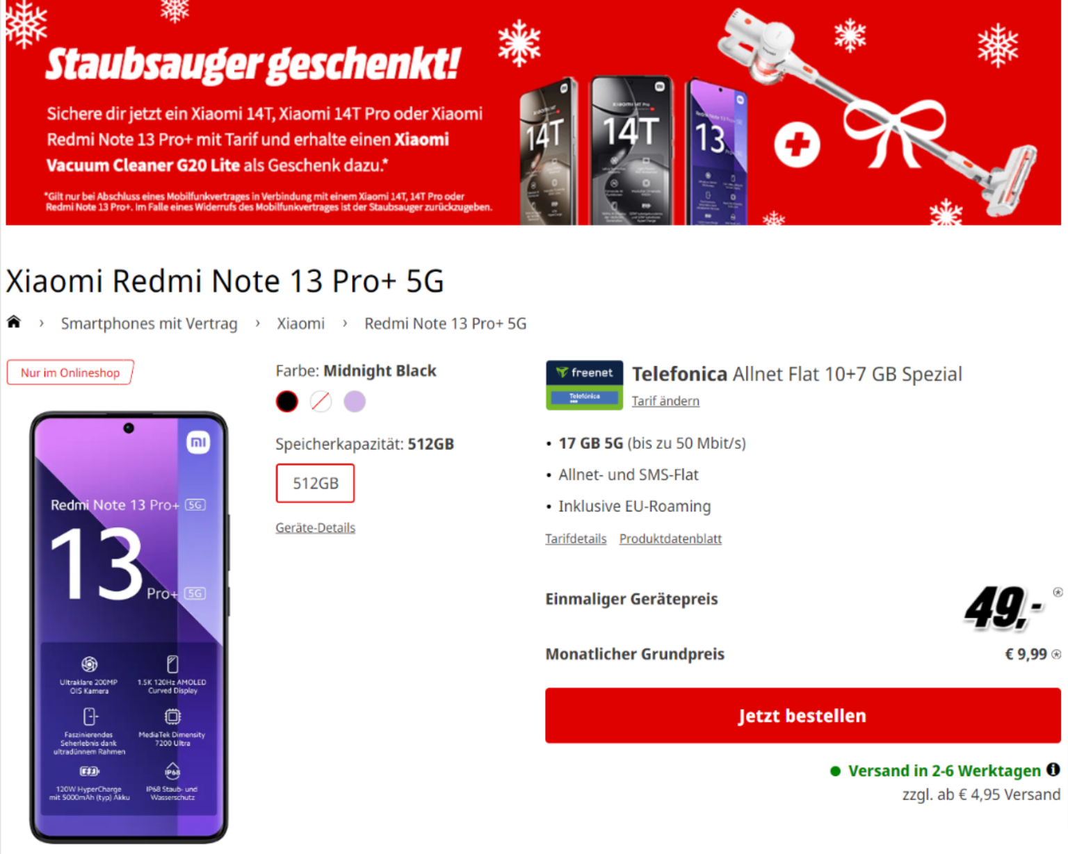 MediaMarkt Tarifwelt: Xiaomi Redmi Note 13 Pro+ 5G + Xiaomi Vacuum Cleaner G20 lite + freenet ...