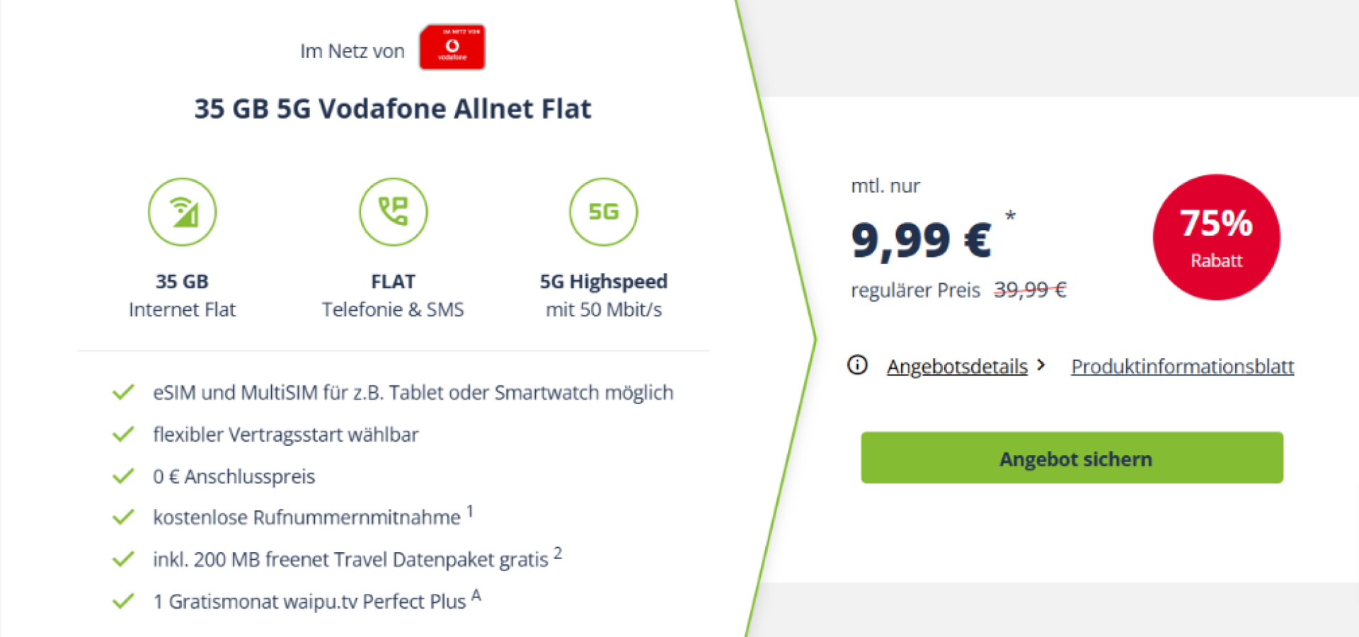 Vodafone Allnet Flat: 35 GB 5G für NUR 9,99 €/Monat bei